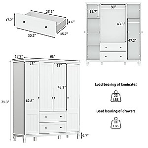 ECACAD Wide Wardrobe Armoire with 4 Doors, Shelves, 2 Drawers, 2 Hanging Rods and 7 Compartments, Wooden Closet Storage Cabinet for Bedroom, White (63”W x 18.9”D x 71.3”H)