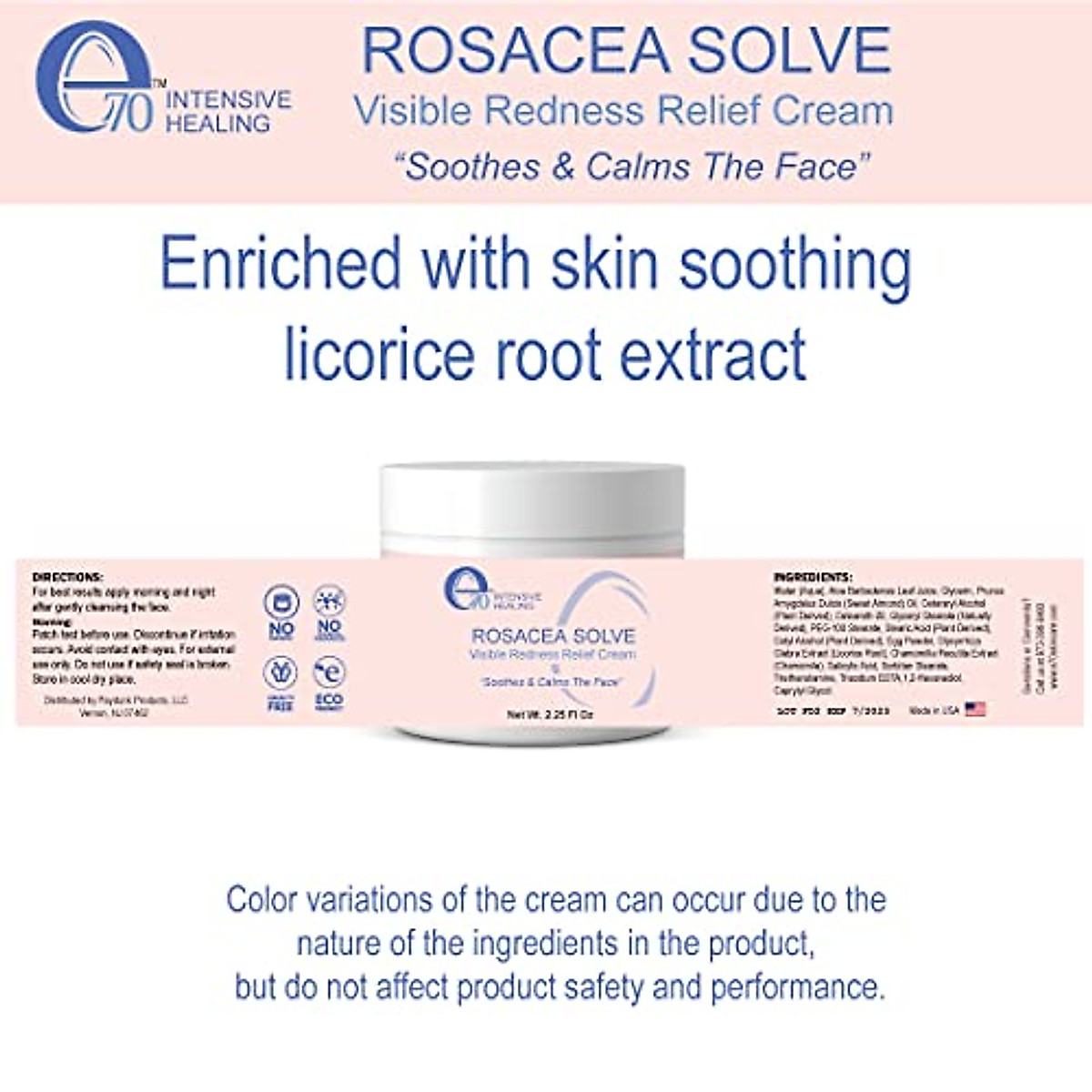 E70 Rosacea Solve - Redness Relief Cream - Calming Face Moisturizer For Rosacea and Acne-Prone Skin - Sensitive Skin Care With Organic Ingredients such as Aloe Vera, Almond Oil, Licorice and Chamomile Extracts - No Parabens