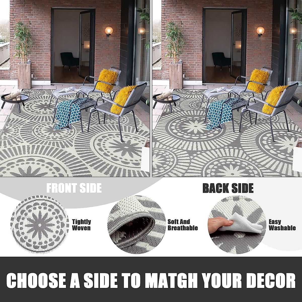 Ileading Reversible Plastic Outdoor Rug Modern Geometric Style Straw Mat, Waterproof Patios Carpet 5x8ft Non Shedding Portable Decor Area Rugs for Deck RV Picnic Beach Backyard (5' x 8'Grey)