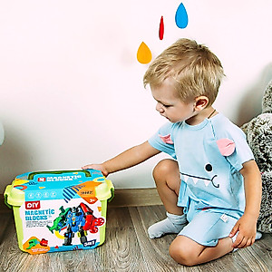 QUERCITRON 5-in-1 Magnetic Vehicles Playset Toy, Transform to Robot, Mix & Match Assembling Building Action Figures Kit with Storage Box, Holiday Birthday Present for Kids, Boys & Girls 3 4 5 6 7 Year