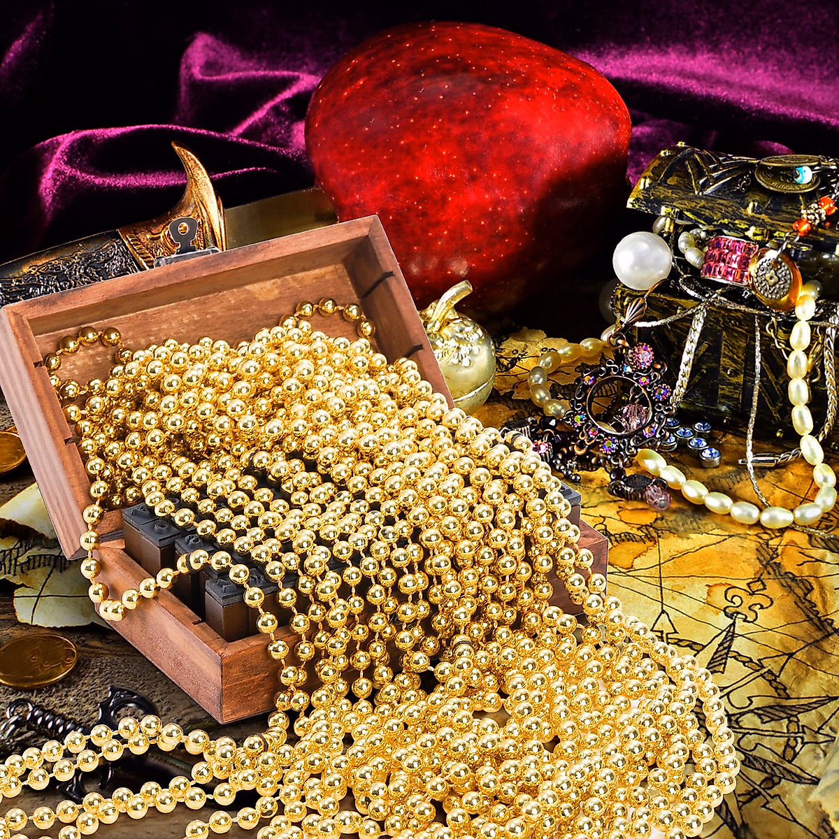 Elsjoy 24 Pieces 32 Inch 7mm Metallic Gold Beaded Necklace, Mardi Gras Beads Gold Party Bead Necklace for Party Costume, Birthday, Wedding, Holiday