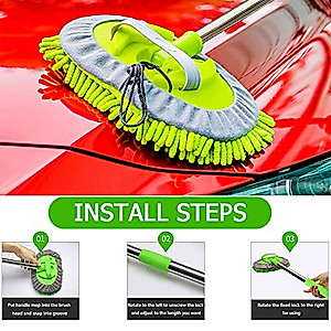 WillingHeart 47.5" Car Wash Brush Mop Cleaning Tool with Long Handle Kit for Washing Detailing Cars Truck, SUV, RV, Trailer, Boat 2 in 1 Chenille Microfiber Sponge Duster Not Hurt Paint Scratch Free