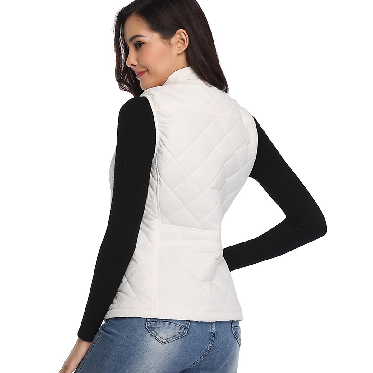 Fuinloth Women's Quilted Vest, Stand Collar Lightweight Zip Padded Gilet White XL