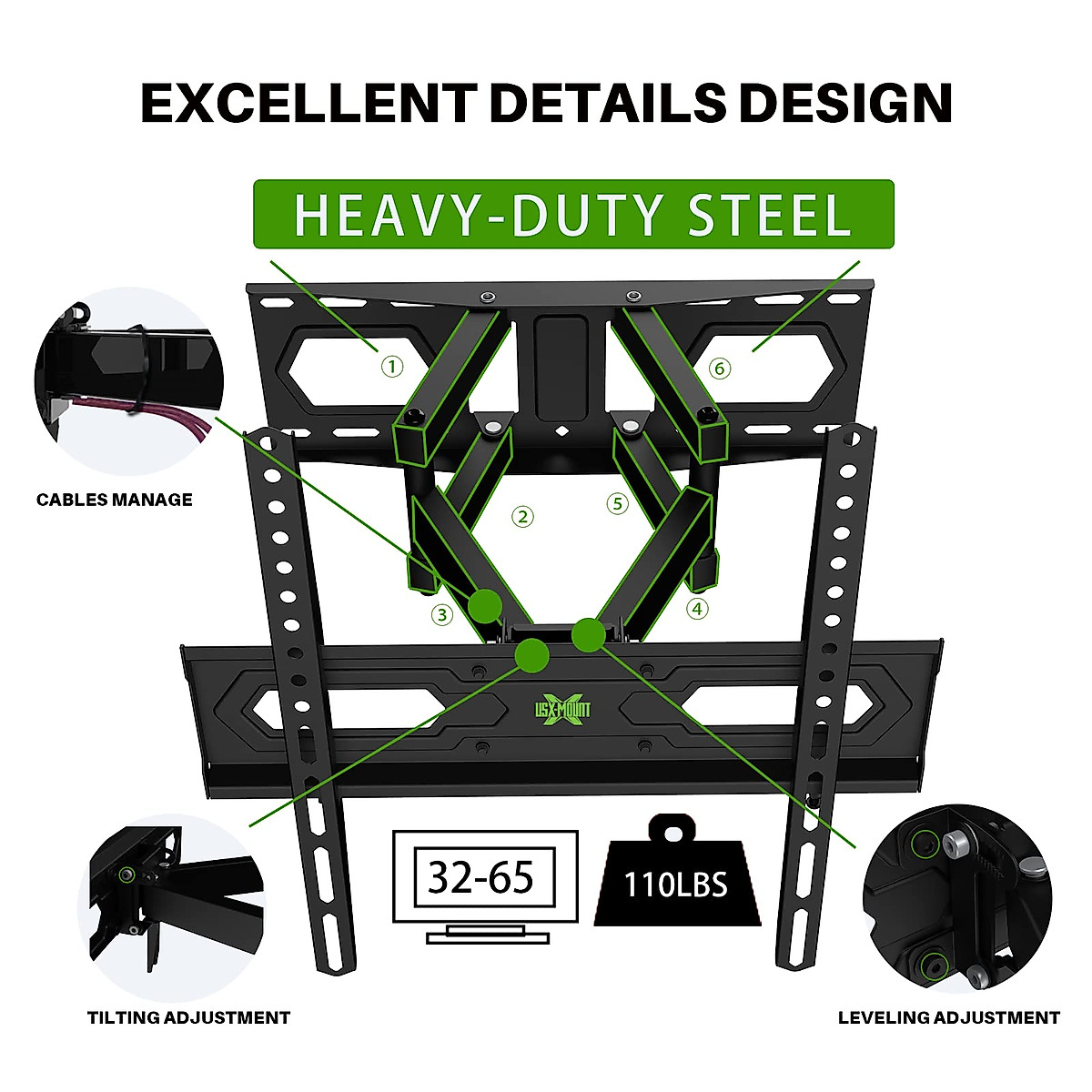 USX MOUNT Full Motion TV Wall Mount for Most 32-65 inch Flat Screen/LED/4K TVs, Swivel/Tilt TV Mount Bracket with Articulating Dual Arms Max VESA 400x400mm, Holds up to 110lbs, for 16" Wood Stud.