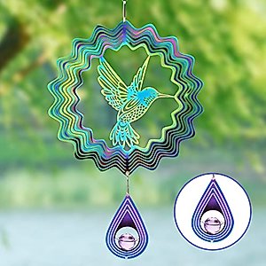Wind Spinners for Yard and Garden,6 inch Colorful Hummingbird Metal kinetic Wind Spinner,3D Stainless Steel Wind Sculptures & Spinners,Laser Cut Hanging Wind Spinner,Yard Art Decorations Catcher Patio