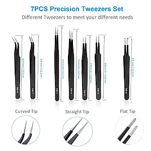 YHYZ 7pcs Precision Tweezers Set, Premium Anti-Static Stainless Steel ESD Tweezers Set Kit for Electronics, Sodlering，Jewelry, Craft, Laboratory Work, DIY(7PCS, Version)
