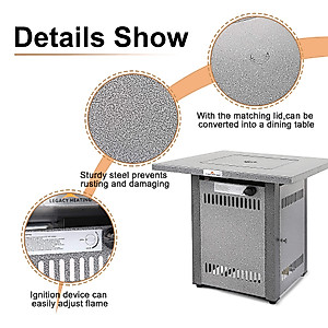 LEGACY HEATING 28" Propane Fire Pit Table, Gas Fire Pits for Outside Patio, Gas Fireplace, 50,000 BTU 28" Square Fire Table with Lid and Lava Rock, Silver