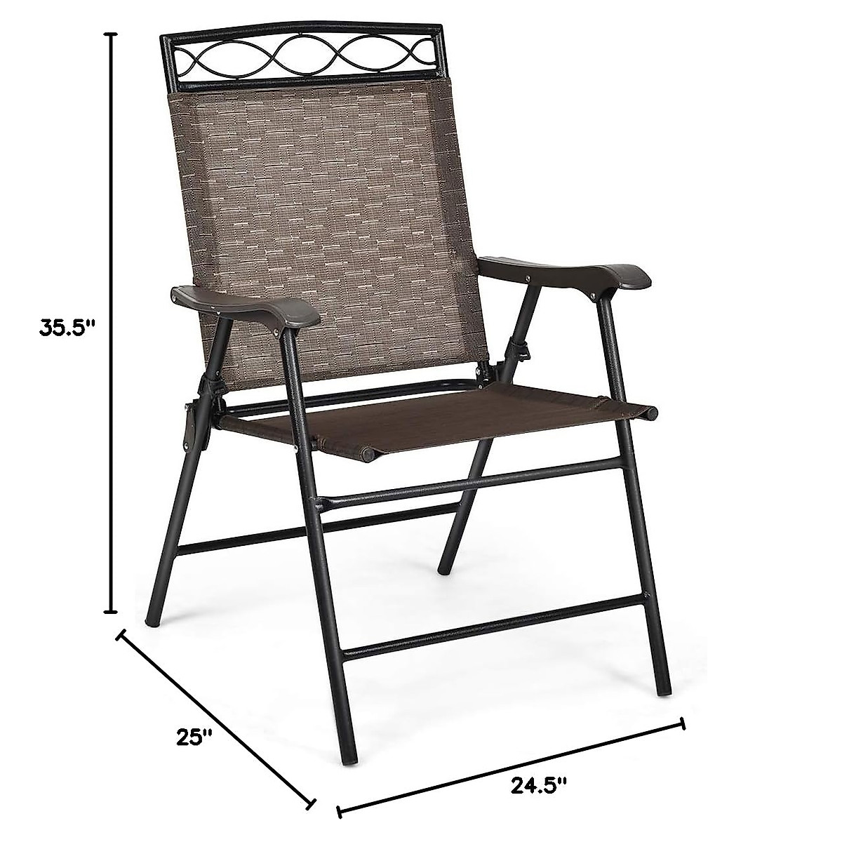 Giantex Set of 2 Patio Chairs, Outdoor Folding Lawn Chairs for Beach, Backyard, Deck, Patio Dining Chairs, Sling Chairs with Armrest and Metal Frame, Folding Camping Chairs (Brown)