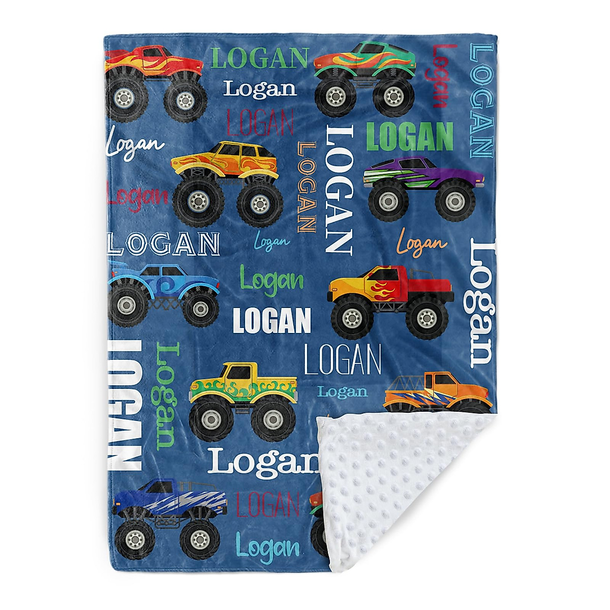 Custom Name Blanket - Personalized Flannel Bed Blanket with Double Layer Dotted Backing - Car Monster Truck Tractor Excavator Train with Multi-Fonts Name Design for Baby Kids Boys Girls Gifts Color08