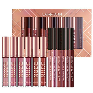 Petansy 12Pcs Lip Liner and Lipstick Set, 6 Colors Matte Liquid Lip Sticks + 6 Matching Smooth Nude Lip Liner, All in One Waterproof Long Lasting Lip Gloss Lips Make-up Gift Set for Girls and Women(A)