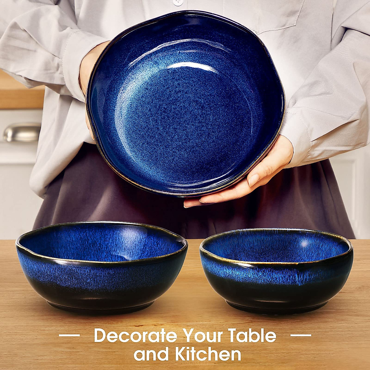 3 Pieces Ceramic Salad Bowls Ramen Bowls Blue Mixing Bowls Porcelain Serving Bowls Ceramic Microwave and Dishwasher Safe for Soup Pasta Noodles Salad Nesting Bowls, 13 Oz 27 Oz 47 Oz