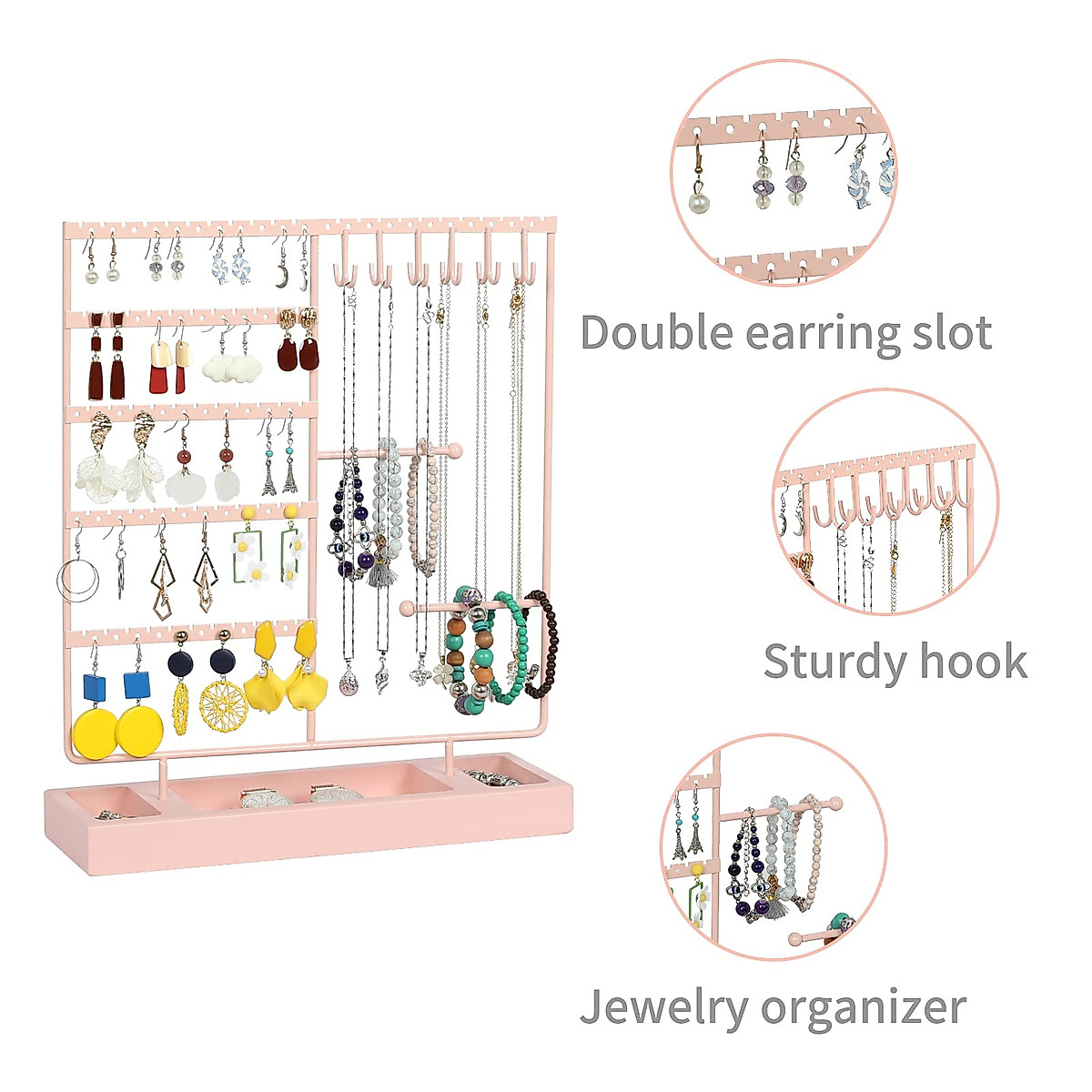 X-cosrack Earring Organizer Holder, 5-Tier Ear Stud Holder with Wooden Tray, Jewelry Towers for Earrings Necklaces Bracelets Watches and Rings,Earring Display Stand, Pink