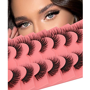 False Eyelashes Natural Mink Lashes 15mm Wispy Curl Eyelashes 5D Fluffy Volume Cat Eye Fake Lashes Pack 8 Pairs by Yawamica