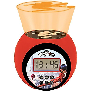 LEXiBOOK - Miraculous Projector Alarm Clock with Snooze Function and Alarm Function, Night Light with Timer, LCD Screen, Battery Operated, Red/Black, RL977MI