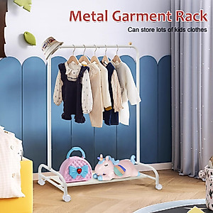 YGJT Kids Clothing Rack, Baby Clothes Rack for Hanging Clothes with Wheels and Bottom Storage Shelf, Small Toddler Garment Rack Kids Dress Up Storage Rack for Coats, Skirts, Dance Costume(White)