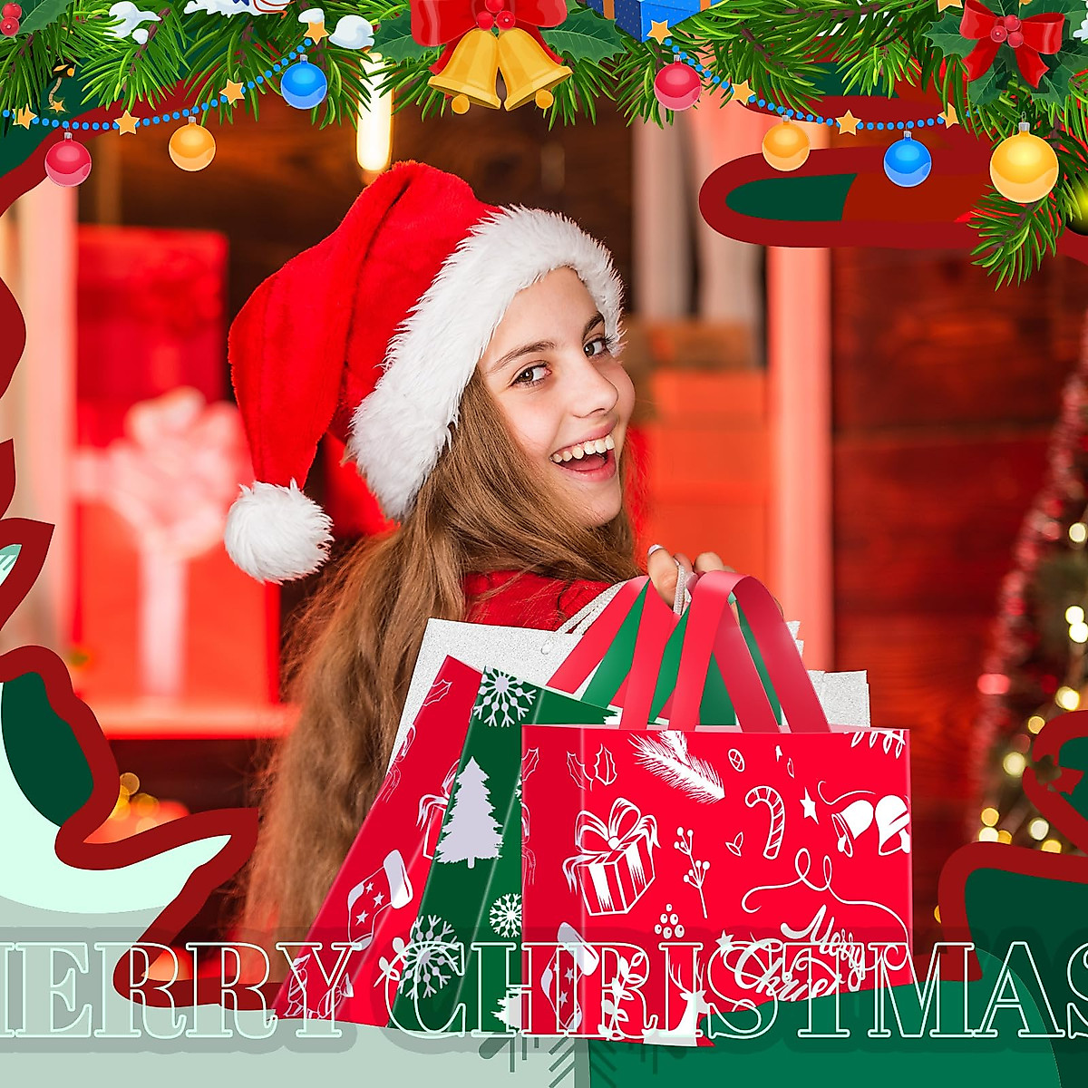 Zhanmai 200 Pcs Christmas Plastic Shopping Bags Holiday Reusable Gift Bags with Handles 10 x 13'' for Xmas Party Supplies(Classic Style)