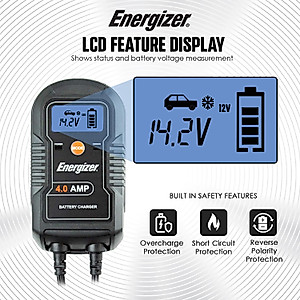 ENERGIZER 4-Amp 6V/12V Auto Charger, 9-Step Smart Battery Maintainer, Trickle Charger w/ LCD Display
