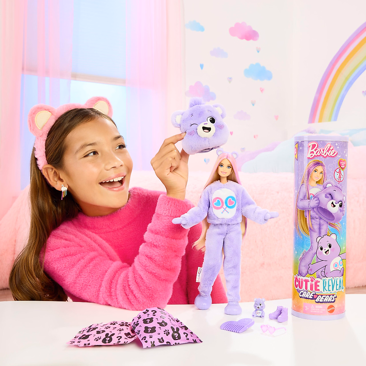 Barbie Cutie Reveal Doll & Accessories, Care Bears Series with Share Bear Costume & 10 Surprises Including Color Change & Mini Bear