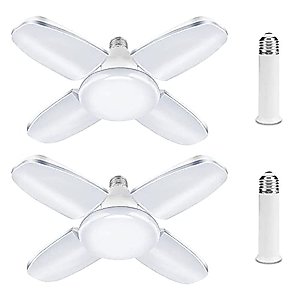 LED Garage Lights, 60W Workshop Lights Ceiling 6500K Deformable Lighting Fixture, E26/E27 Garage Light Bulb with 4 Adjustable Panels, Daylight White Basement Lighting for Shop, Pack of 2