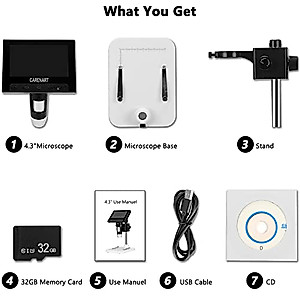 4.3 Inch Digital Microscope, Carenart Coin Microscope with 32GB TF Card 50X-1000X Magnification with 8 Adjustable LED Lights for Adults Kids Outside and Home Use