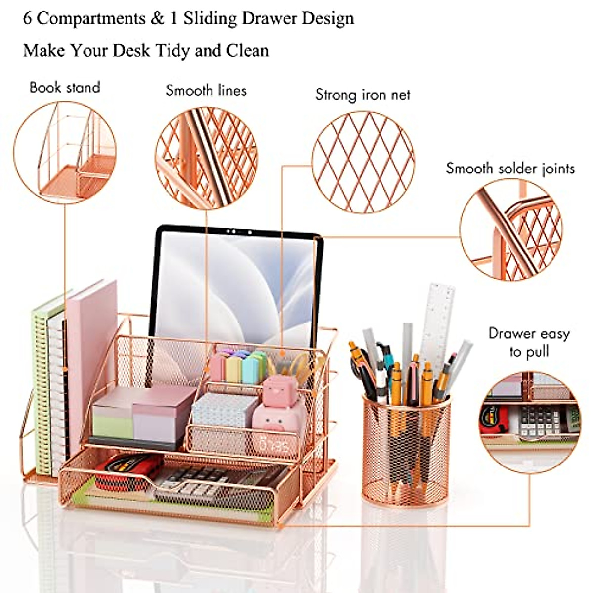 MooManGoo Rose Gold Office Desk Organizers and Accessories with Sliding Drawer, Pen Holder, Stapler, 6 Compartments +72 Clips Set, Office Supplies Mesh Desktop File Organizer for Women Home School