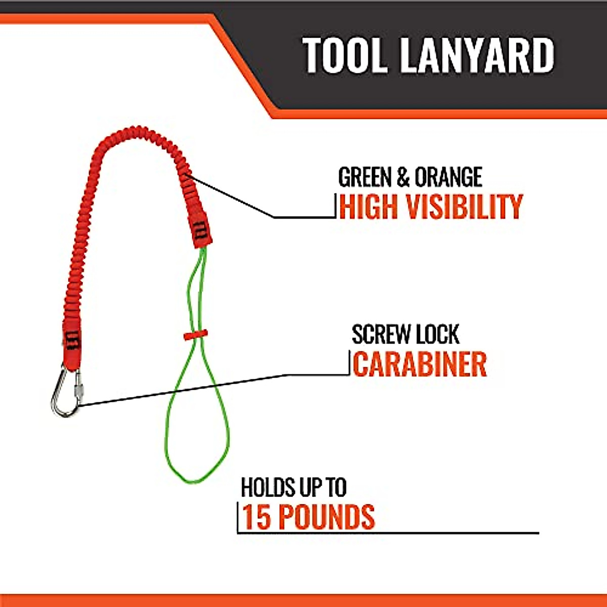Malta Dynamics Tool Tether Lanyard with Carabiner Attachment, 53" Expansion, Adjustable Loop End (1 Pack)