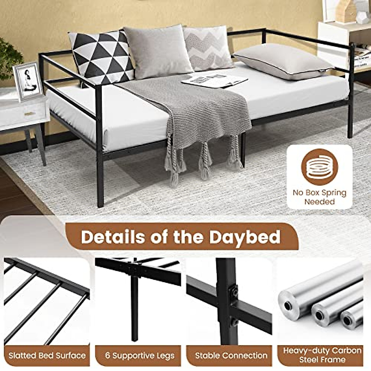 KOMFOTT Metal Daybed Frame Twin Size, Heavy-Duty Steel Slats Support Sofa Bed, Platform Mattress Foundation, Multifunctional Platform Bed Frame, Day Bed for Living Room & Guest Room