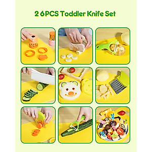 26 Pcs Kids Knife Set, Montessori Kitchen Tools for Toddlers' Real Cooking, Toddler Knife Set Includes Crinkle Cutters Kid Safe Knives Cutting Board Peeler, Kitchen Tools for 4+ Year Old Girl Boy