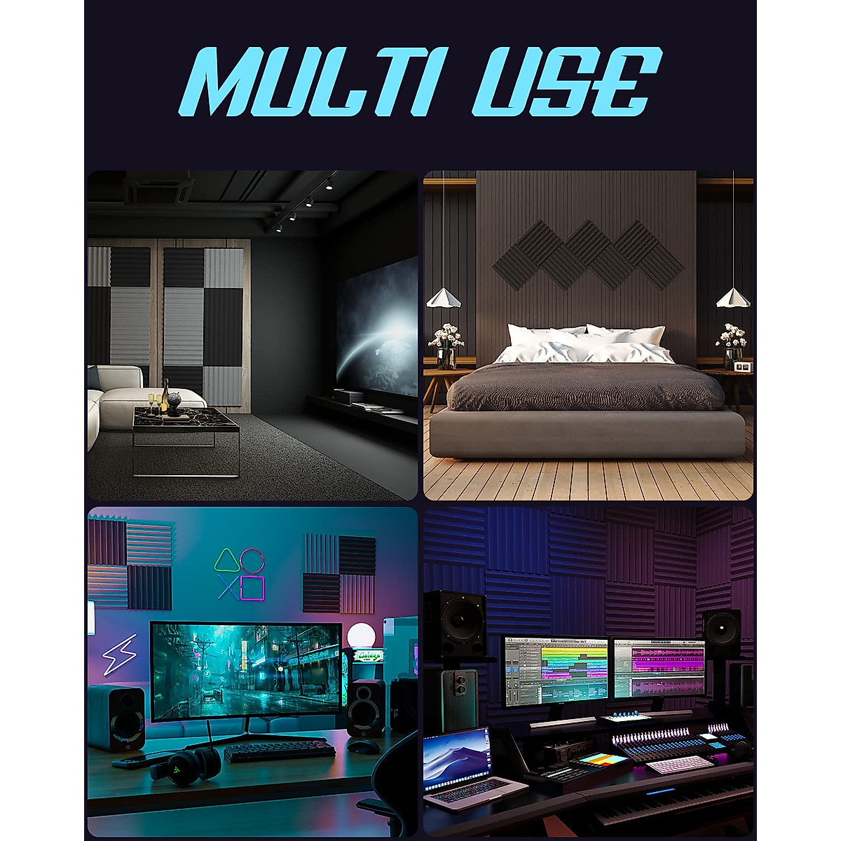 LEIYER Upgrade 12 Pack Sound Proof Foam Panels with Self-Adhesive, 1" X 12" X 12" Quick-Recovery Acoustic Panels, Acoustic Foam Wedges High Density (12pcs,Black-Gray)