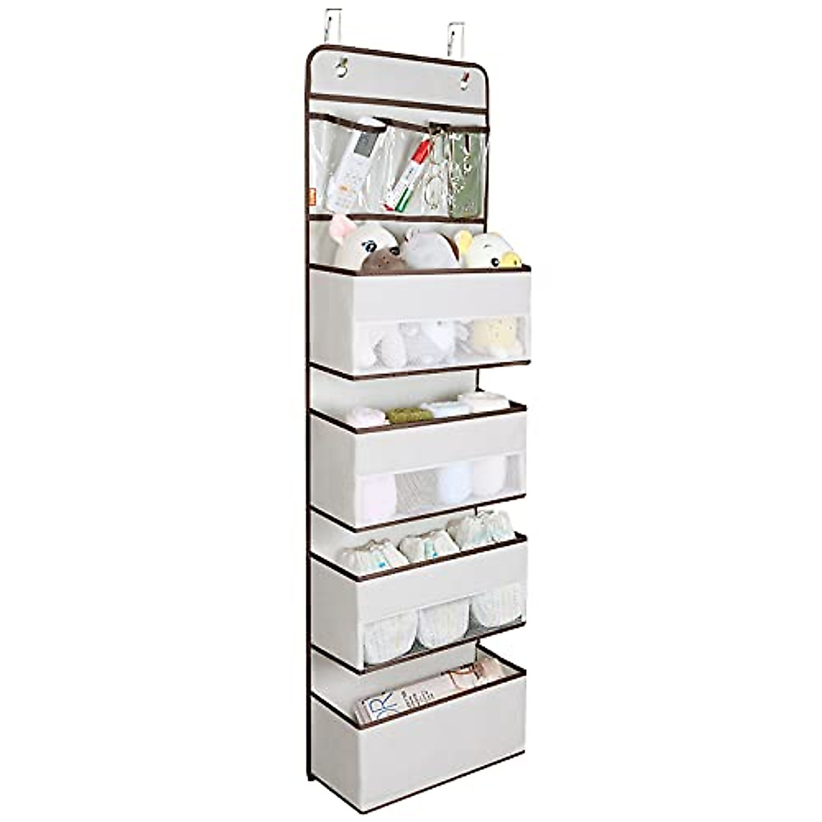 Univivi Door Hanging Organizer Nursery Closet Cabinet Baby Storage with 4 Large Pockets and 3 Small PVC Pockets for Cosmetics, Toys and Sundries (Beige)