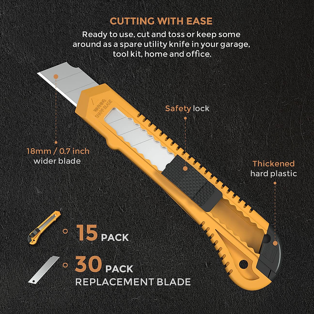 Nicpro 15 Pack Utility Knives Plastic Box Cutters Bulk Retractable Razor Knife with 30 PCS Extra Snap Off Blades 18mm for Heavy Duty Office, Home, Arts Crafts, Hobby