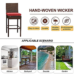 Prime Garden Set of 2 Patio Wicker Bar Stools, Patio Rattan Furniture with Footrest and Red Cushion for Garden Pool Backyard, Brown