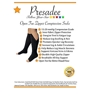 Presadee Open Toe 15-20 mmHg Moderate Compression Leg Calf Swelling Zipper Sock (Black, L/XL)