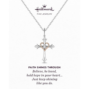 HALLMARK DIAMONDS Faith Cross with Hearth Necklace Pendant in Sterling Silver and 14K Rose Gold Plating and Diamonds