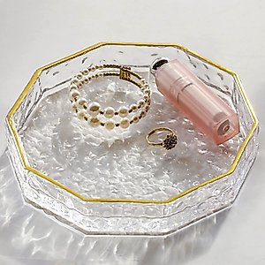 7 Inch Decagon Glass Tray with Gold Rim, Clear Hammered Vanity Makeup Tray with 1” Wall, Thick Decorative Dresser Bathroom Tray Perfume Display Tray Cosmetic Tray for Tabletop Countertop S, Halyuhn
