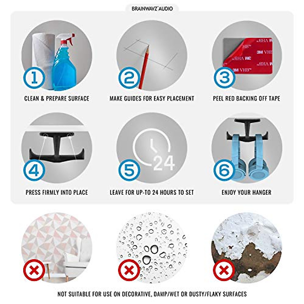 BRAINWAVZ BigT Dual Headphone Stand, Under Desk Hanger for Headphones, Gaming Headsets, Mobiles Accessories, Stick On, No Screws, Black (Big T)