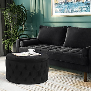 Homebeez 28 Inch Round Velvet Storage Ottoman, Button Tufted Footrest Stool Coffee Table for Living Room, Black