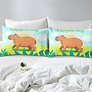 Erosebridal Cute Capybara Bed Sheets Set Full Size Rainbow Sheet Set 4 Piece Kawaii Rodent Animals Capybaras Fitted Sheet Green Palm Leaves Print Flat Sheet Funny Capybaras Sheets