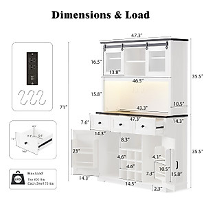 Farmhosue Pantry Bar Cabinet with Internal Storage Rack,Kitchen Cabinet with Hutch,Sliding Door,Power Outlet,Pegboard,Wine & Glasses Rack,3 Drawers,Rustic Coffee Bar Storage Cabinet,White Oak