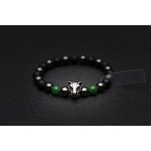 Karseer Antique Silver Panther Hematite and Matte Onyx Natural Stones Beaded Stretch Bracelet Meditation Prayer Stress Relief Energy Beads Bracelet for Men Women