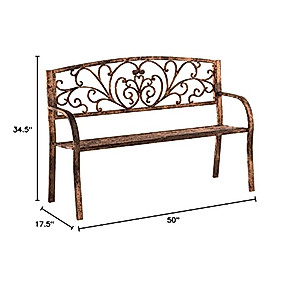 Blooming Patio Garden Bench Park Yard Outdoor Furniture, Iron Metal Frame, Elegant Bronze Finish, Sturdy Durable Construction, Scrollwork Design, Easy Assembly 50 L x 17 1/2 W x 34 1/2 H