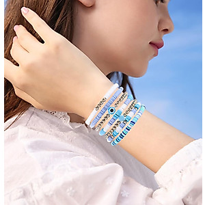 Svovin 58 Pcs Preppy Heishi Bracelets Set Colorful White Gold Heart Star Evil Eye Beaded Polymer Clay Pearl Stackable Charm Y2K Kidcore Summer Beach Bohemian Layering Bracelets Jewelry for Women