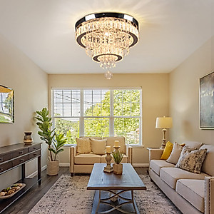 Finktonglan 16" Crystal Chandelier 2 Rings Crystal Ceiling Light Fixture Modern Chandelier LED Chandeliers Light Fixture for Dinning Room Bedroom Living Room 2700K Warm Light, Not Golden