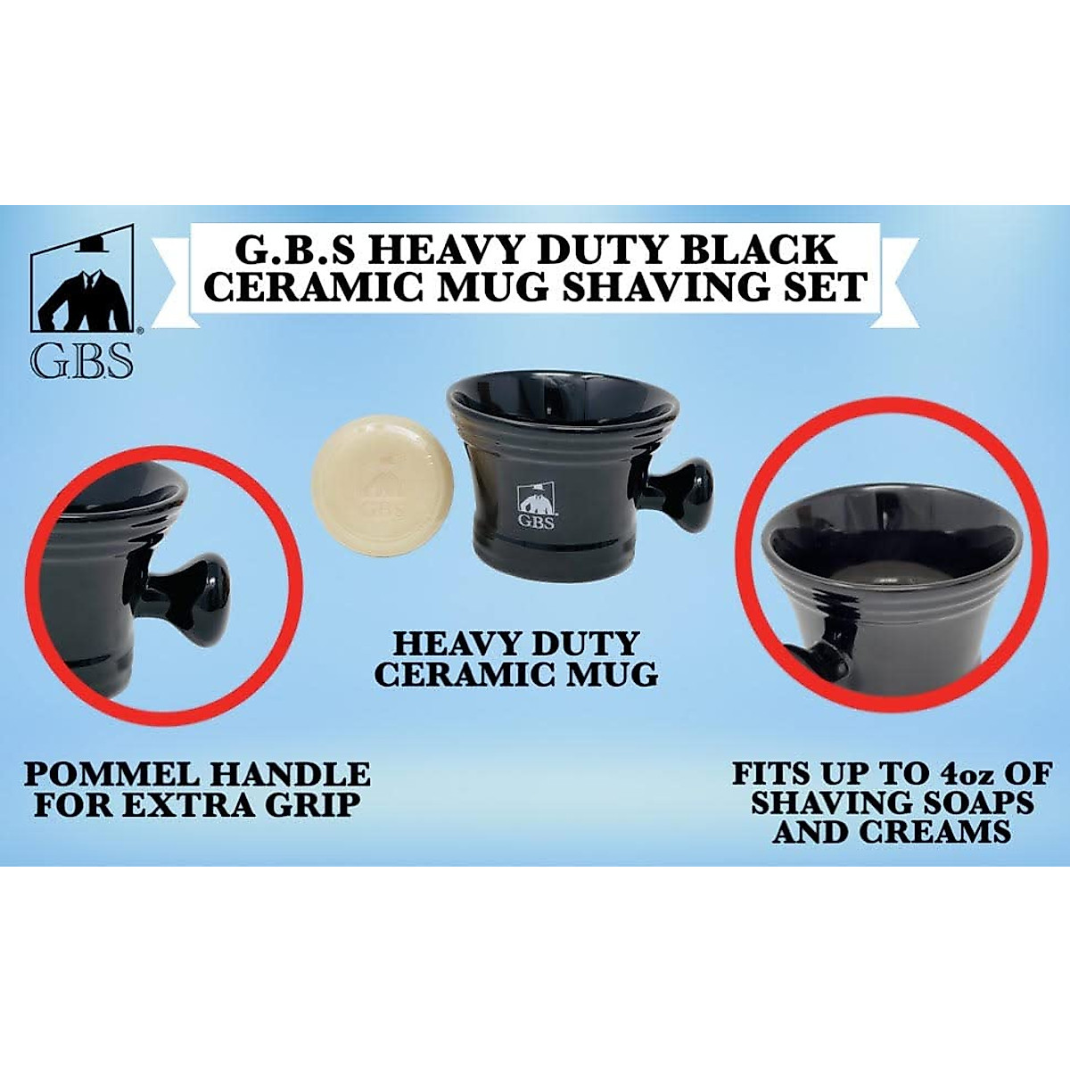 G.B.S Heavy Duty Black Ceramic Shaving Bowl, Mug with Natural Shave Soap – for use with up to 3” Shaving Soaps and Lathering Shave Cream Cup – Pommel Handle (Black)