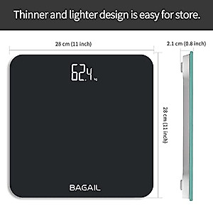 BAGAIL BASICS Bathroom Scale, Digital Weighing Scale with High Precision Sensors and Tempered Glass, Ultra Slim, Step-on Technology, Shine-Through Display - 15Yr Guarantee Black