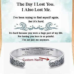 oos The Day I Lost You Memorial Bracelet, Personalized Stainless Steel Wave Engraved Cuff Memorial Bracelet, Remembrance Bangle Customized Memorial Cuff Jewelry Gifts (Silver)
