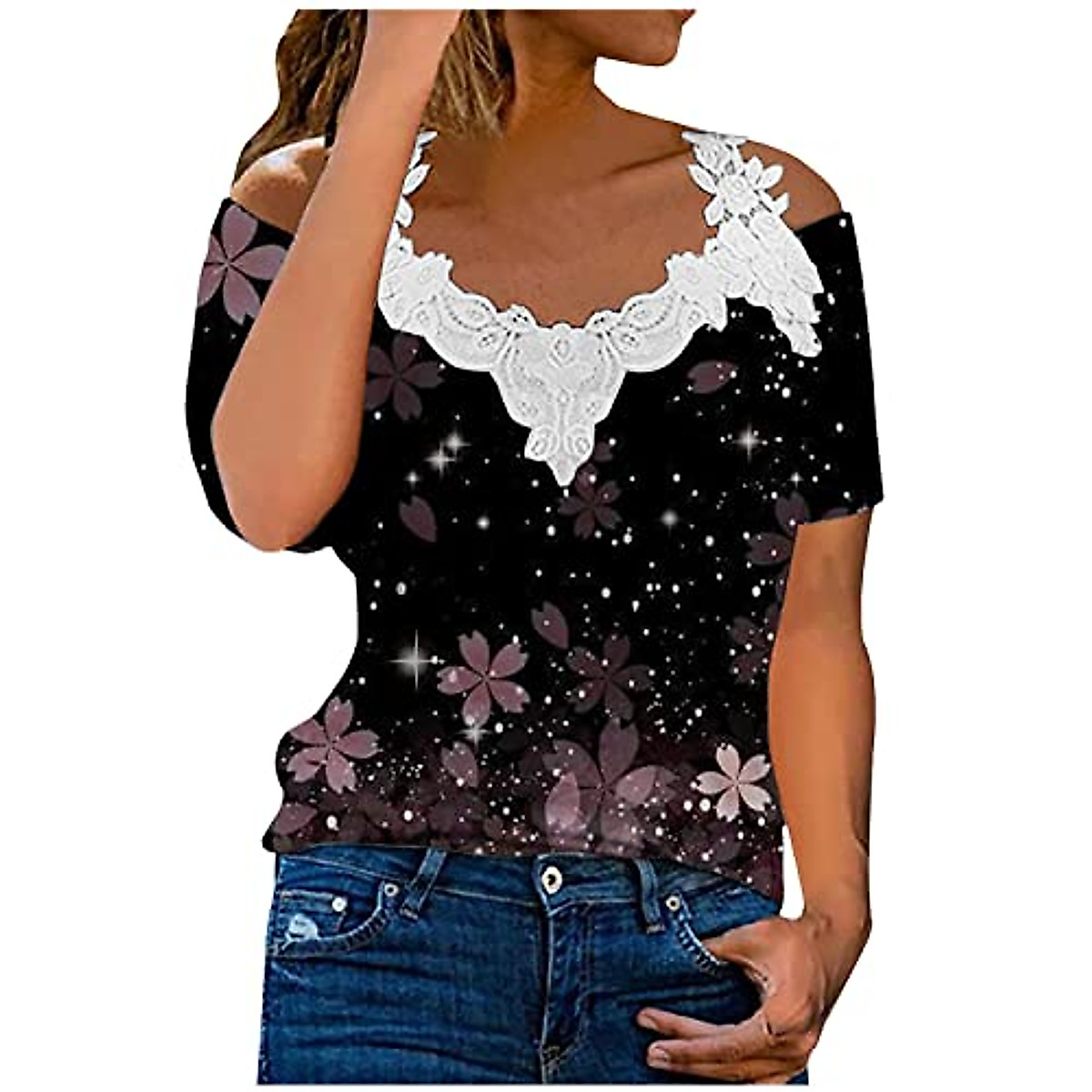 KSODFNXH Sleeveless Blouses for Women Summer Lace Patchwork Off-The-Shoulder Shirts Comfy Fashion V-Neck Short Sleeve