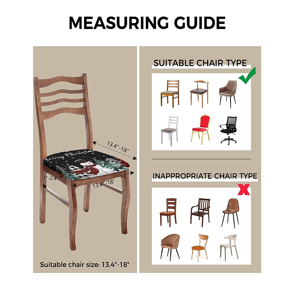 ZOE GARDEN Christmas Snowman Chair Seat Covers for Dining Room Stretch Chair Seat Covers Set of 2, Chair Seat Protector Cushion Slipcovers for Kitchen Restaurant Office Winter Snowflake Black