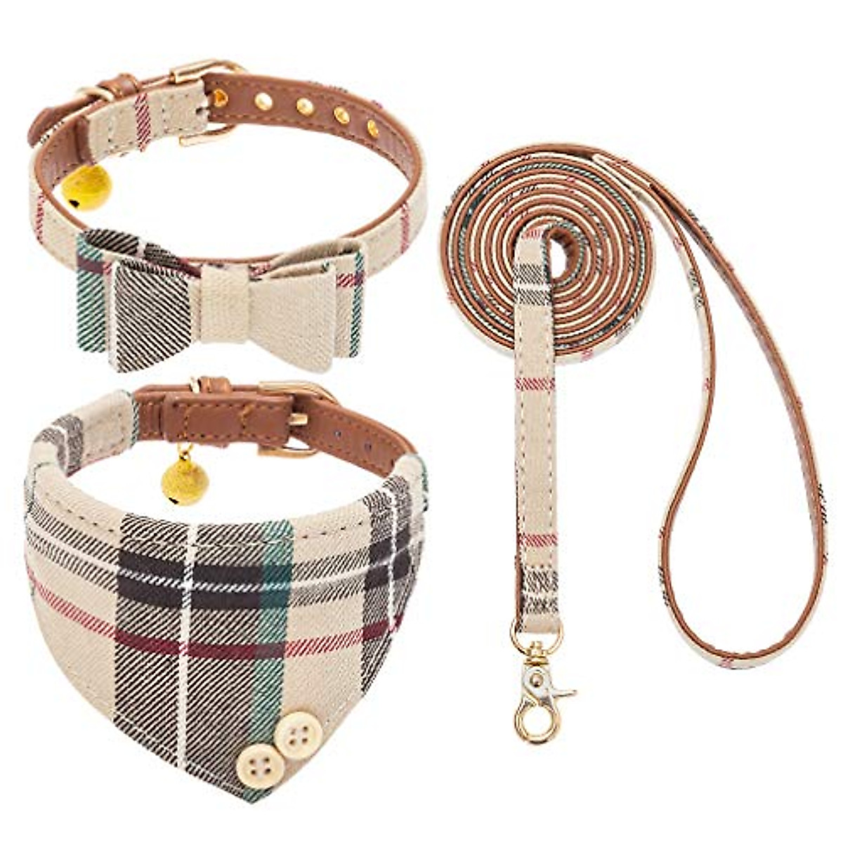 EXPAWLORER Dog Collar and Leash Set - Classic Plaid Dog Bow Tie and Dog Bandana Collar with Bell, Dog Leash Tangle Free, Adjustable Collars for Small Medium Large Dogs Cats, Holiday Ideal Gift