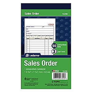 Adams Sales Order Book, 3-Part, Carbonless, 4-3/16" X 7-3/16" Inch, 50 Sets, White, Canary and Pink (TC4705)